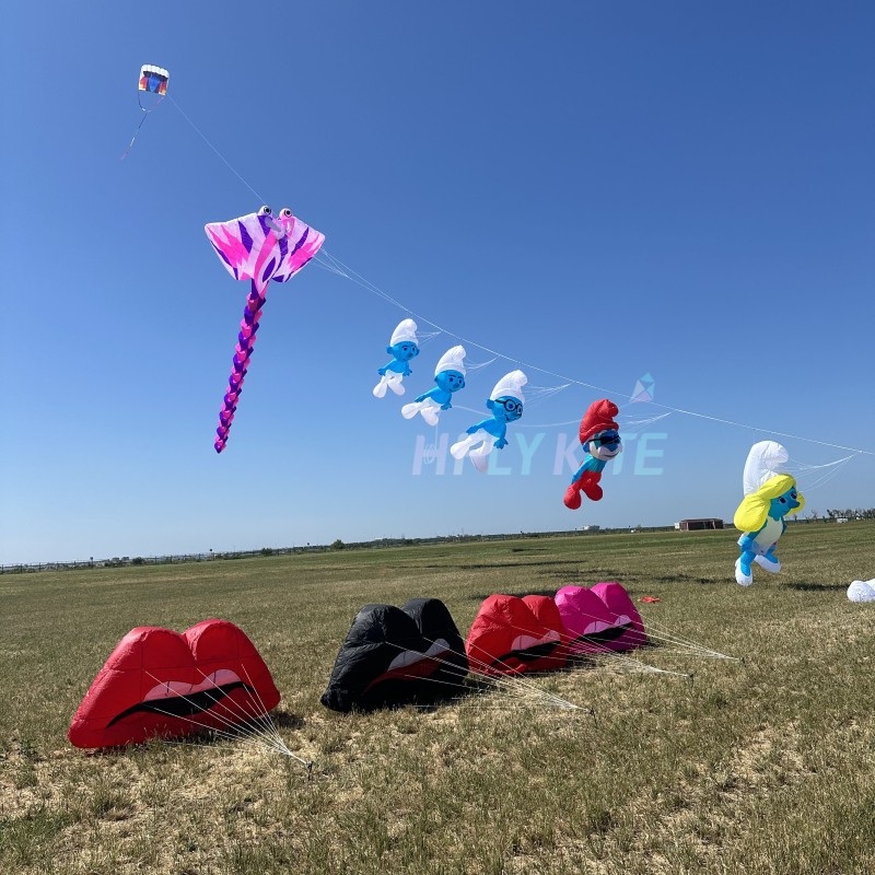 A set of six smurfs kites pendant 40d ripstop nylon